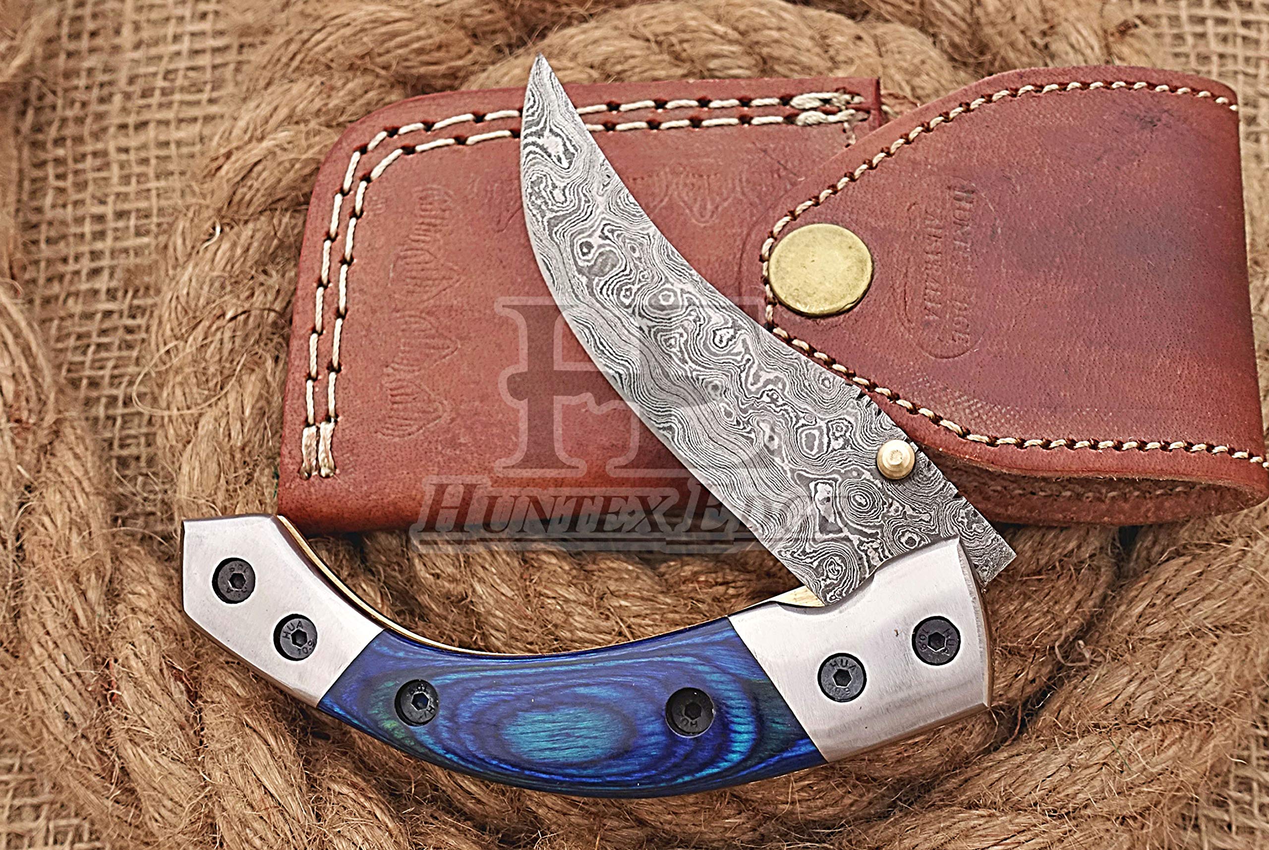 HUNTEX Handmade Hand-Forged Rain Drop Pattern Damascus Steel 4 Inch Long Pakka Wood Handle Razor Sharp Hunting Camping Trailing Pocket Knife w/Pocket Clip & Genuine Leather Pouch