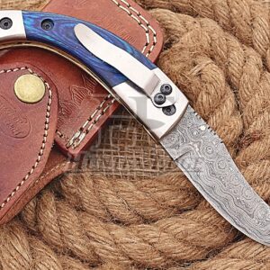 HUNTEX Handmade Hand-Forged Rain Drop Pattern Damascus Steel 4 Inch Long Pakka Wood Handle Razor Sharp Hunting Camping Trailing Pocket Knife w/Pocket Clip & Genuine Leather Pouch