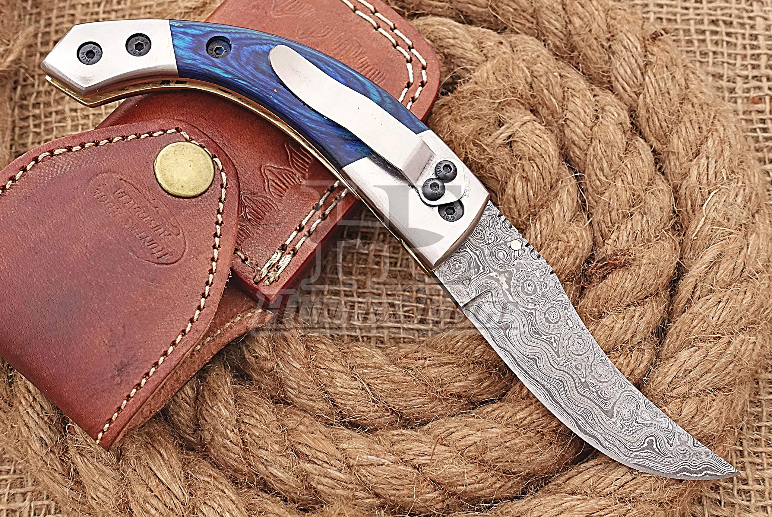 HUNTEX Handmade Hand-Forged Rain Drop Pattern Damascus Steel 4 Inch Long Pakka Wood Handle Razor Sharp Hunting Camping Trailing Pocket Knife w/Pocket Clip & Genuine Leather Pouch