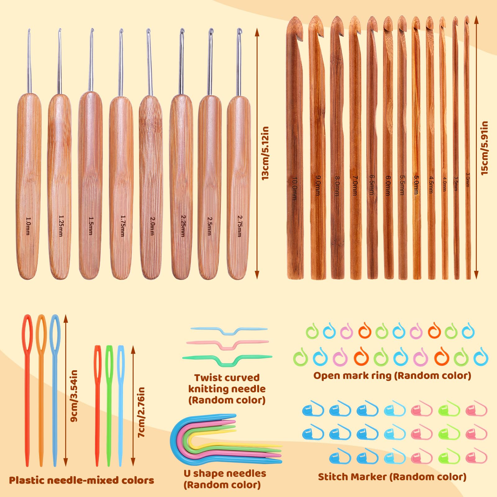 Mayboos 20 Pieces Bamboo Crochet Hooks Kit, Wooden Bamboo Crochet Hooks with Silver-Plated Aluminum Hook Sizes 1.0-10.0 MM for Handcrafted Knitting Needles