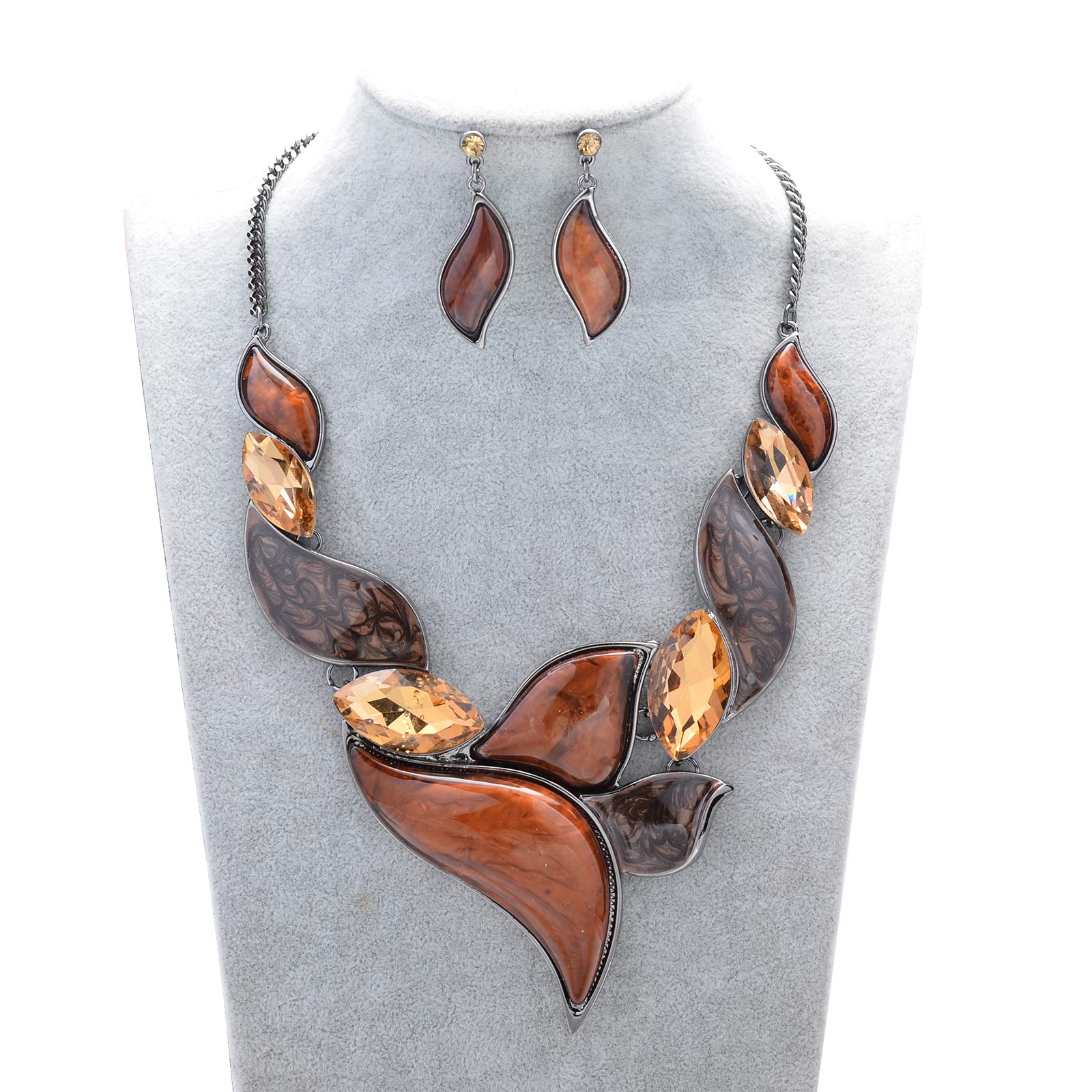 Fenni Jewelry Retro Women's Crystal Floral Petal Leaf Chunky Statement Necklace and Earrings Set Party Jewelry (Brown)