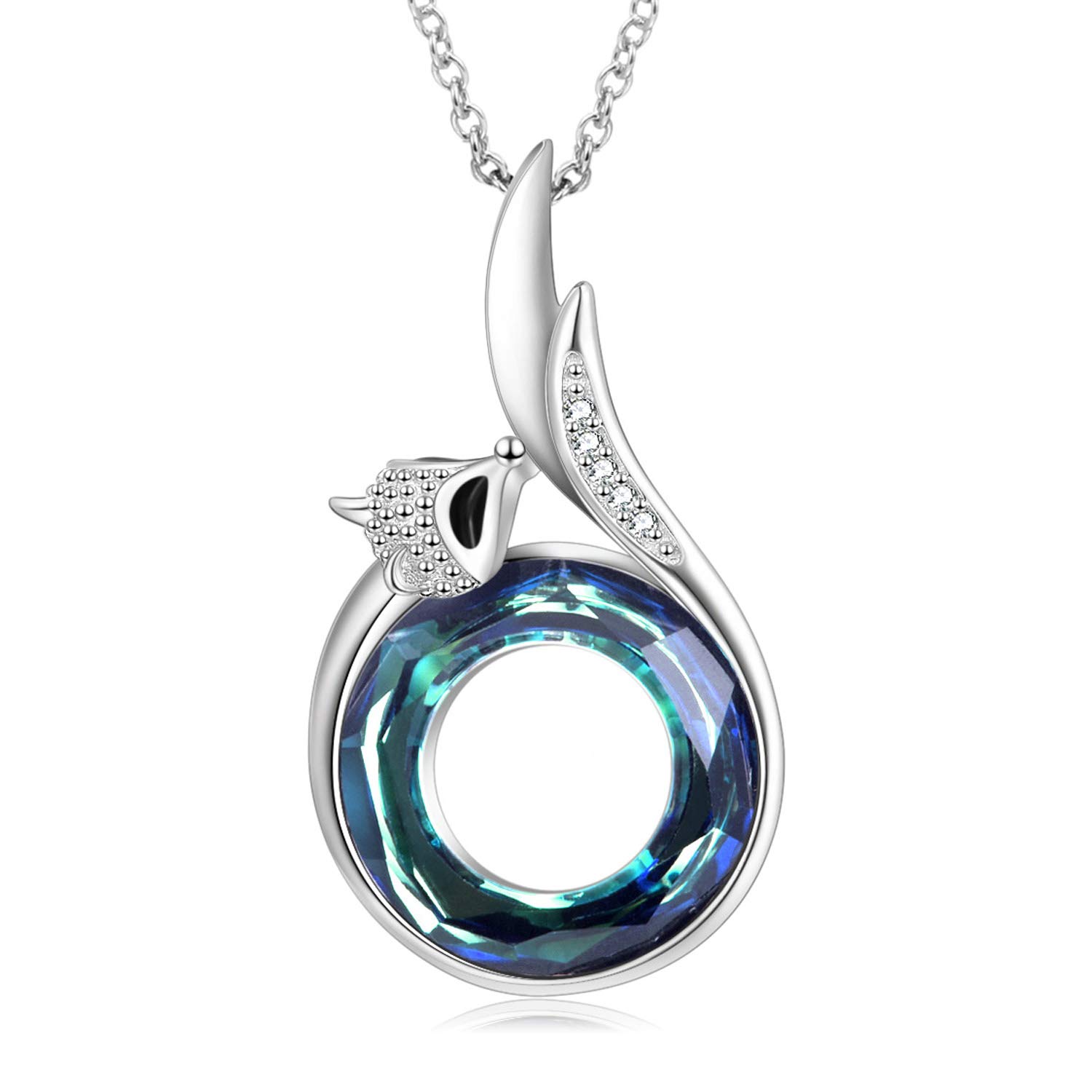 AOBOCO Fox Necklace Sterling Silver Women Necklace Fox Tail Pendant with Circle Crystals from Austria, Fine Anniversary Birthday Fox Jewelry Gifts for Women Wife Girlfriend Daughter Mom Grandma(Blue)