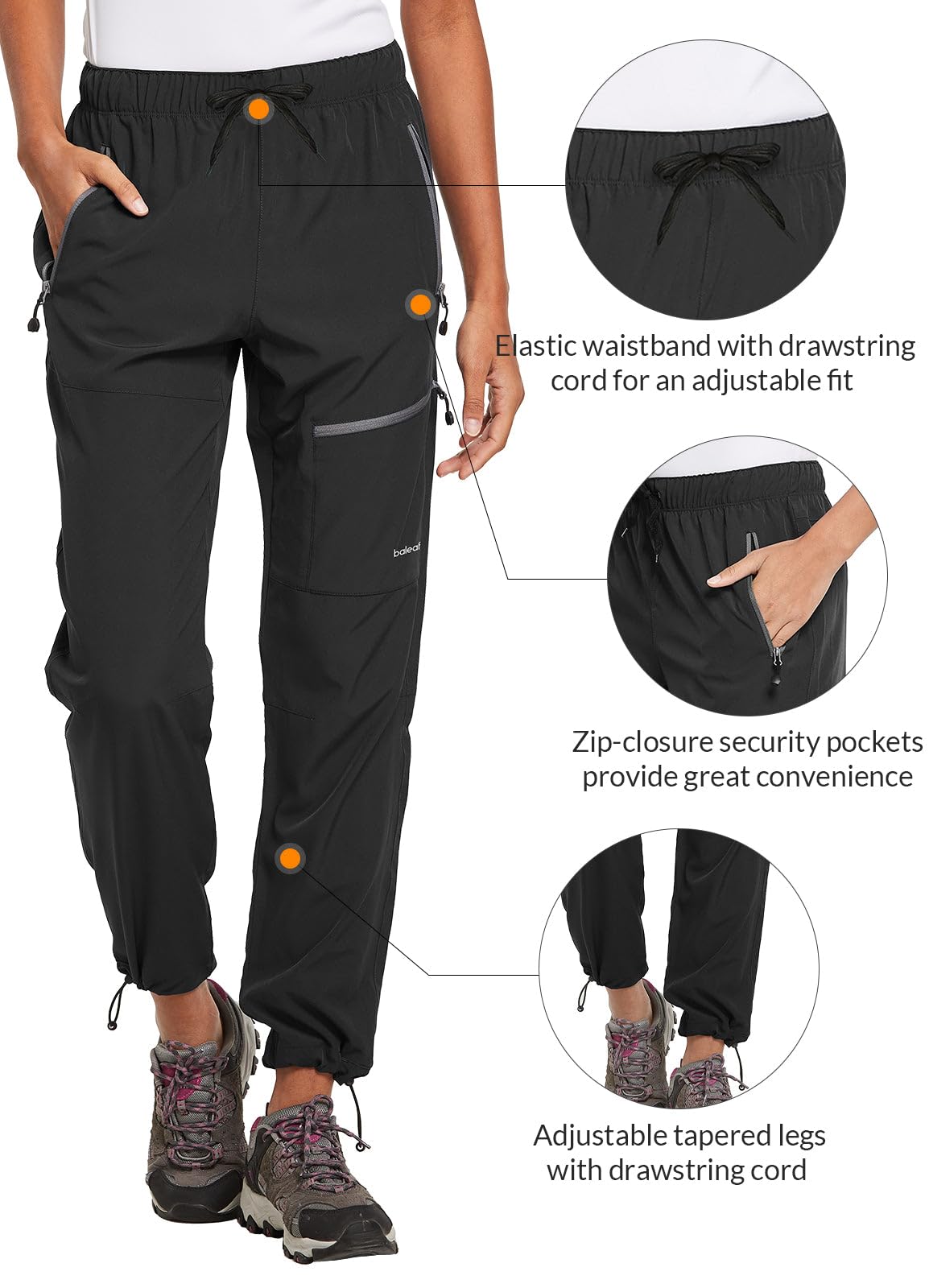 BALEAF Women's Hiking Pants Quick Dry Water Resistant Lightweight Joggers Pant for All Seasons Elastic Waist Black Size S