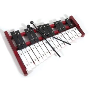 professional red wooden soprano glockenspiel xylophone with 25 metal keys for adults & kids - includes 2 plastic beaters and carry case