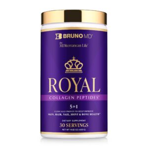 bruno md royal collagen peptides, clinically proven, dietary supplement, improves skin & cellulite, european sourced, improves the look of hair & nails, blended with vitamin c, bone & joint supplement