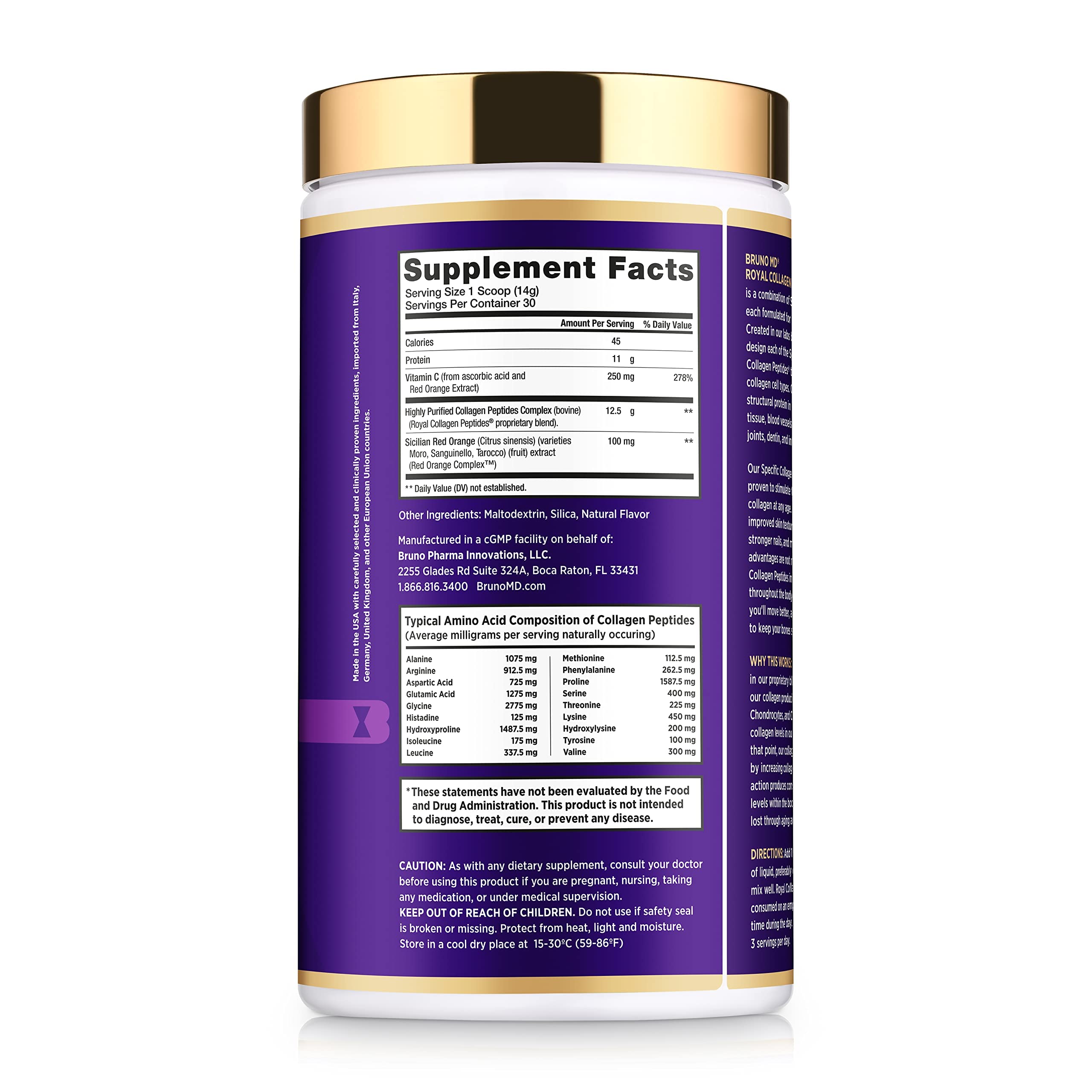 Bruno MD Royal Collagen Peptides, Clinically proven, Dietary Supplement, Improves Skin & Cellulite, European Sourced, Improves the Look of Hair & Nails, Blended with Vitamin C, Bone & Joint Supplement