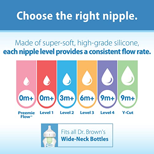 Dr. Brown's Natural Flow Level 4 Wide-Neck Baby Bottle Silicone Nipple, Fast Flow, 9m+, 100% Silicone Bottle Nipple, 6 Pack