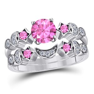 ds jewels moon star style wedding band bridal set 1.75 tcw cz pink-sapphire & cubic zirconia round engagement ring set size 4 to 11