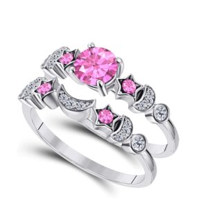 DS Jewels Moon Star Style Wedding Band Bridal Set 1.75 tcw CZ Pink-Sapphire & Cubic Zirconia Round Engagement Ring Set Size 4 to 11