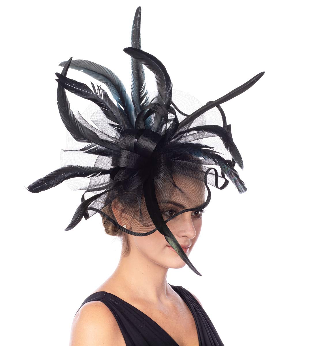 Lucky Leaf Girl Lady Hat Headwear Organza Church Feather Clip Fascinators Hat Wedding Party Kentucky Derby Cap for Women(F-5-Black)