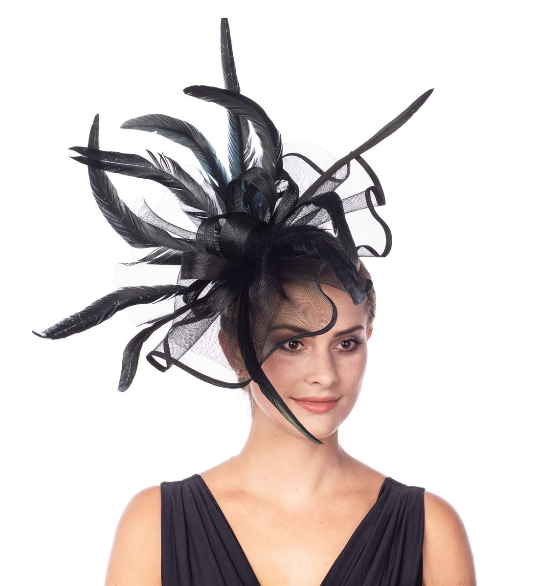 Lucky Leaf Girl Lady Hat Headwear Organza Church Feather Clip Fascinators Hat Wedding Party Kentucky Derby Cap for Women(F-5-Black)