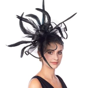 Lucky Leaf Girl Lady Hat Headwear Organza Church Feather Clip Fascinators Hat Wedding Party Kentucky Derby Cap for Women(F-5-Black)