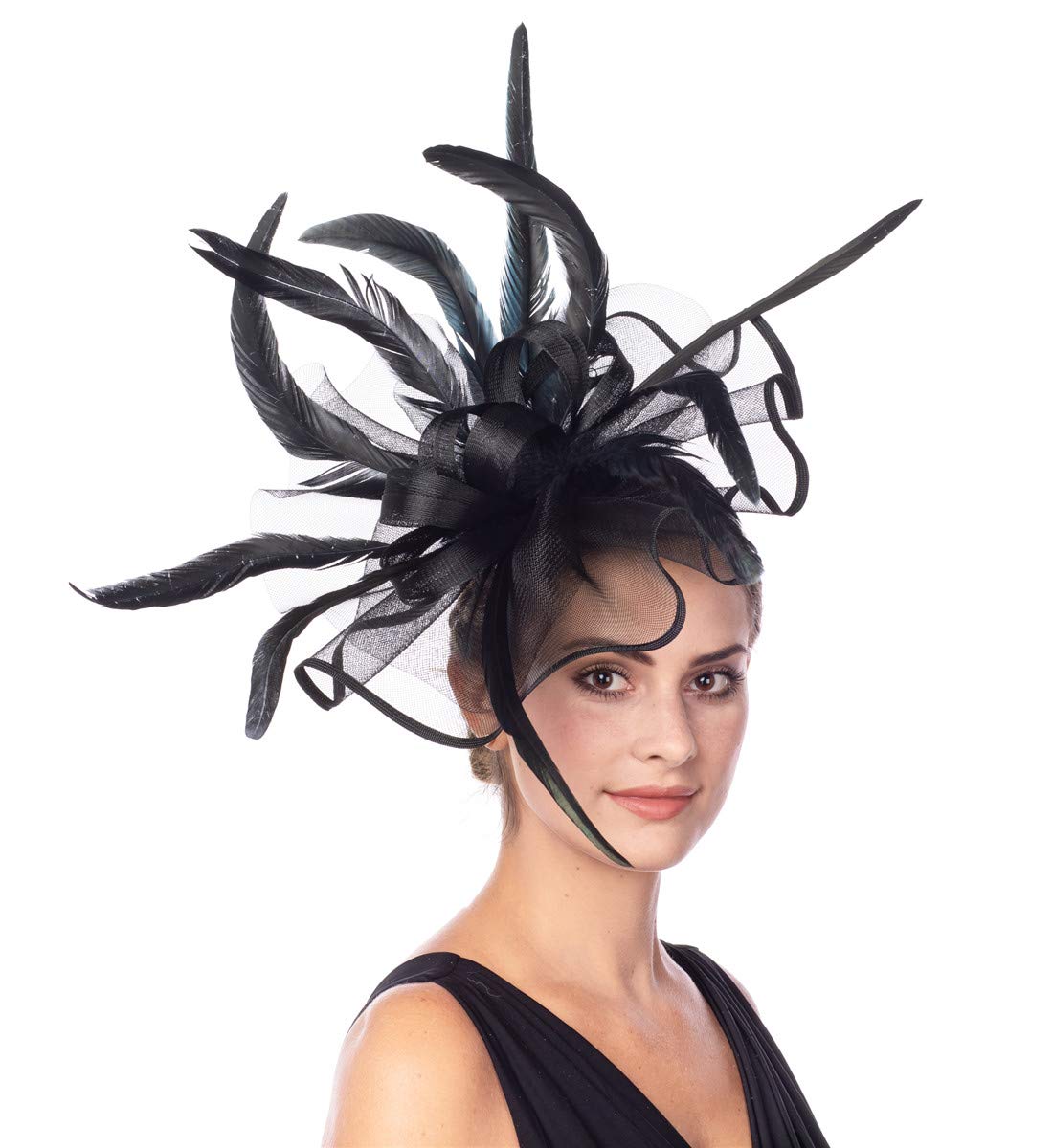 Lucky Leaf Girl Lady Hat Headwear Organza Church Feather Clip Fascinators Hat Wedding Party Kentucky Derby Cap for Women(F-5-Black)