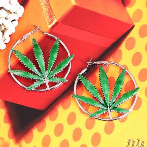 Hoop Earrings for Women Saint St Patricks Day Green Cannibis Weed/Pot Marijuana Leaf Earrings Fashion Jewelry (Silver)