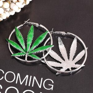 Hoop Earrings for Women Saint St Patricks Day Green Cannibis Weed/Pot Marijuana Leaf Earrings Fashion Jewelry (Silver)