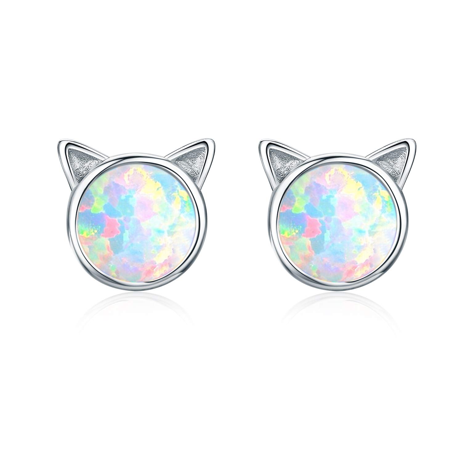 Cuoka Cat Opal Earrings 925 Sterling Silver Cute Opal Cat Stud Earrings Animal Opal Cat Pierced Earrings Jewelry for Women