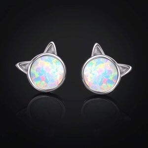 Cuoka Cat Opal Earrings 925 Sterling Silver Cute Opal Cat Stud Earrings Animal Opal Cat Pierced Earrings Jewelry for Women