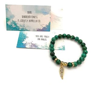 smiling wisdom - angel wing appreciation kindhearted thank you keepsake greeting card and stretch stone bracelet - green rain flower stones - 7.5 inches medium