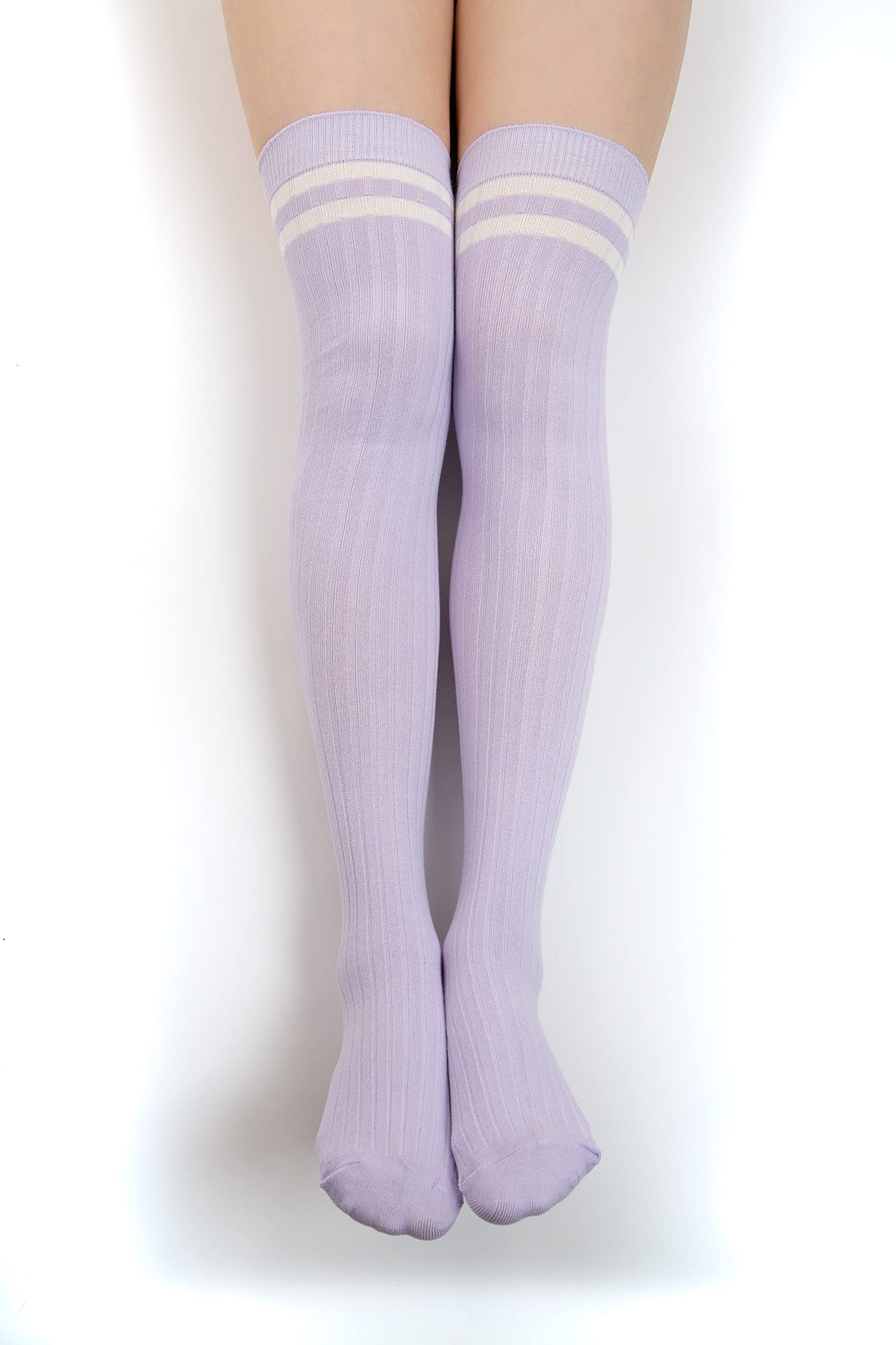 SERICI Thigh-High Socks | Womens Striped Cotton Thigh High Tube Sock | Over Knee Boot Socks (Pink, Baby Blue, Lilac)