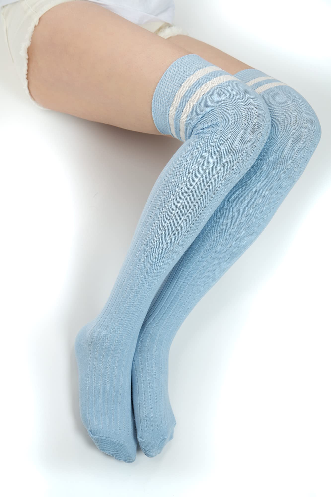 SERICI Thigh-High Socks | Womens Striped Cotton Thigh High Tube Sock | Over Knee Boot Socks (Pink, Baby Blue, Lilac)