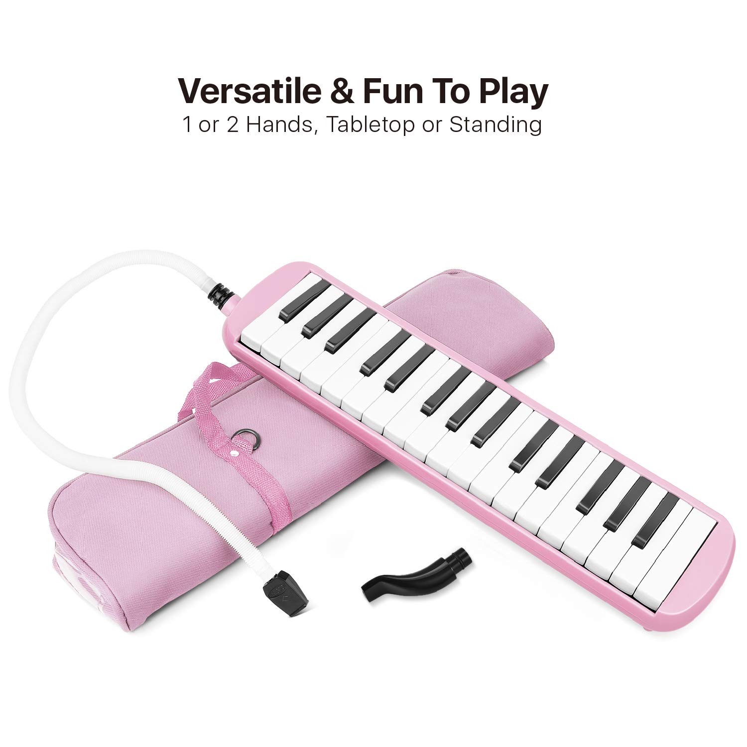 Flexzion Melodica 32 Key (Pink) Pianica Blow Piano Keyboard Harmonica Wind Instrument/w Portable Carrying Bag, 2 Long Tube Mouthpiece, 2 Trumpet Mouthpiece Kit