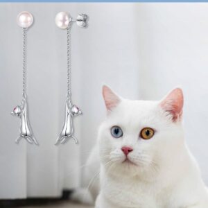 Kitten Drop Earrings for Women Elegant Pearl Stud 925 Sterling Silver Cat Dangle Earrings