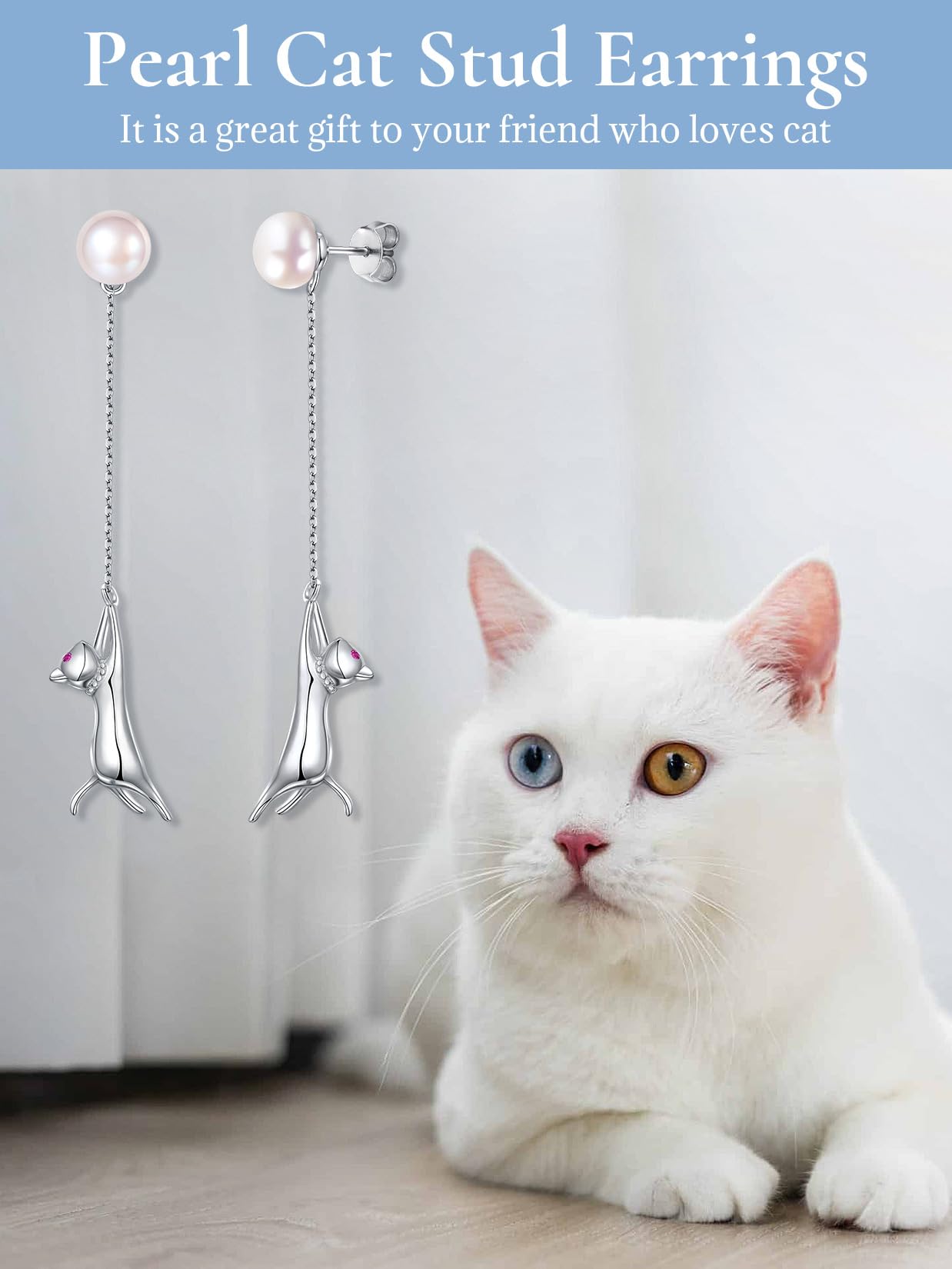 Kitten Drop Earrings for Women Elegant Pearl Stud 925 Sterling Silver Cat Dangle Earrings