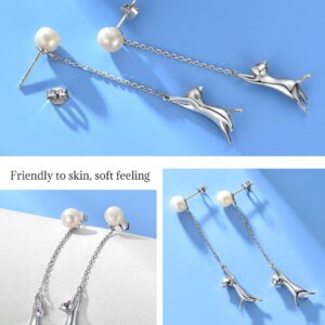 Kitten Drop Earrings for Women Elegant Pearl Stud 925 Sterling Silver Cat Dangle Earrings