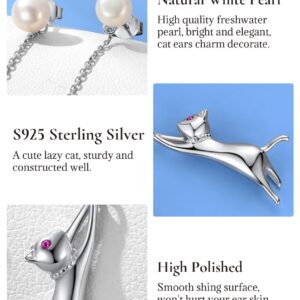 Kitten Drop Earrings for Women Elegant Pearl Stud 925 Sterling Silver Cat Dangle Earrings