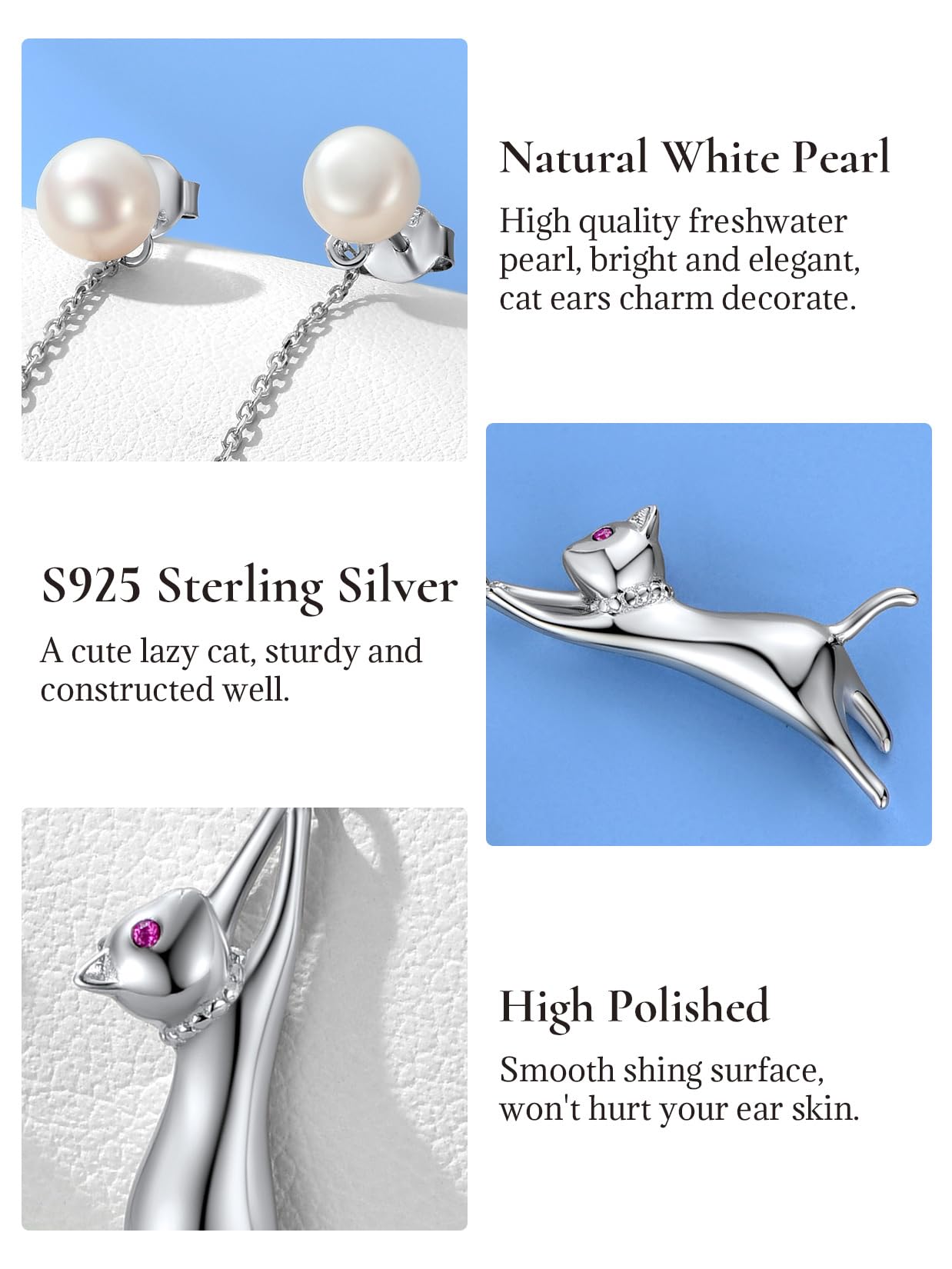 Kitten Drop Earrings for Women Elegant Pearl Stud 925 Sterling Silver Cat Dangle Earrings