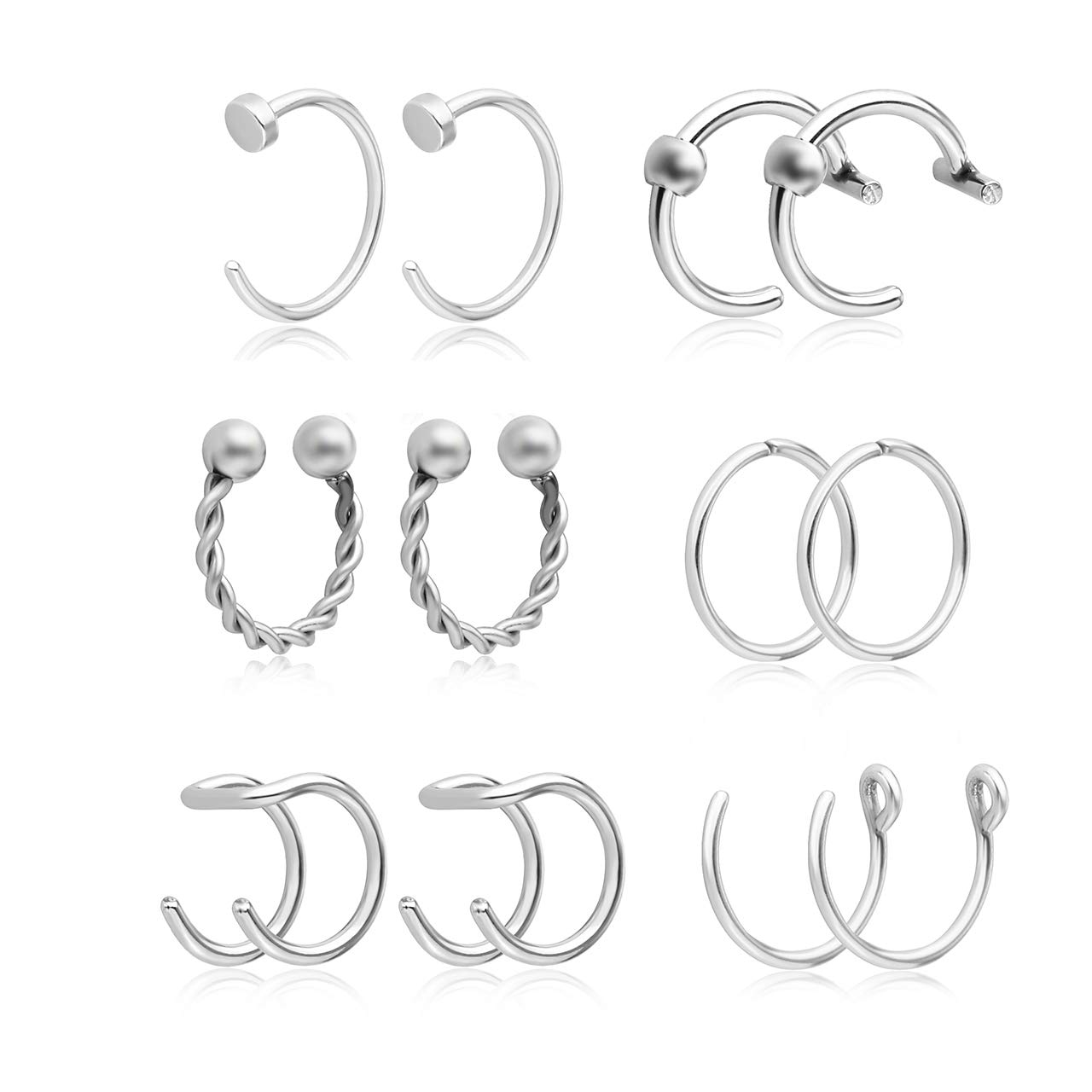 BOPREINA Faux Nose Rings Hoops Set, 12Pcs Stainless Steel Fake Nose Lip Ear Septum Rings Non-Pierced Clip On Cartilage Cuff Earrings Body Jewelry