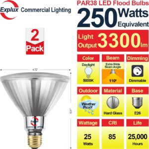 Explux 250 Watt Equivalent PAR38 LED Flood Light Bulbs, Super Bright 3300 Lumens, Dimmable, Full-glass Outdoor Waterproof & Anti-Ageing, 5000K Daylight Spotlight, 2-Pack