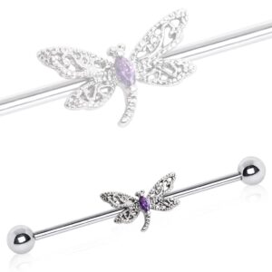 amelia fashion 14 gauge ornate dragonfly industrial barbell cartilage 316l surgical stainelss steel (steel & purple cz)