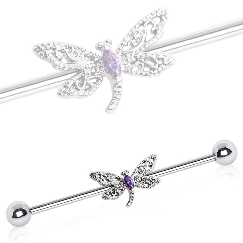 Amelia Fashion 14 Gauge Ornate Dragonfly Industrial Barbell Cartilage 316L Surgical Stainelss Steel (Steel & Purple CZ)