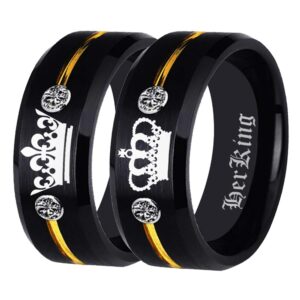 free custom engraving matching couples her king and his queen ring set in black tungsten carbide rings with two white cz- his and hers for promise wedding jewelry (his queen, 6.5)