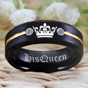 Free Custom Engraving Matching Couples Her King and His Queen Ring Set in Black Tungsten Carbide Rings With Two White CZ- His and Hers for Promise Wedding Jewelry (His Queen, 6.5)