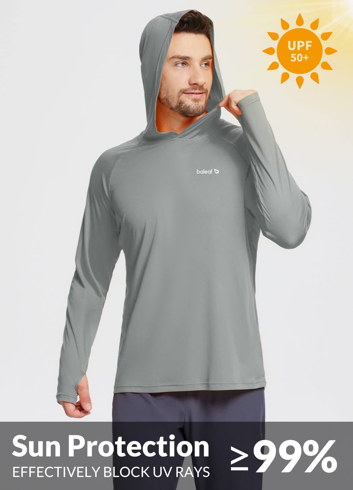 BALEAF Men's Sun Protection Hoodie Shirt UPF 50+ Long Sleeve UV SPF T-Shirts Rash Guard Fishing Swimming Lightweight Gray XL