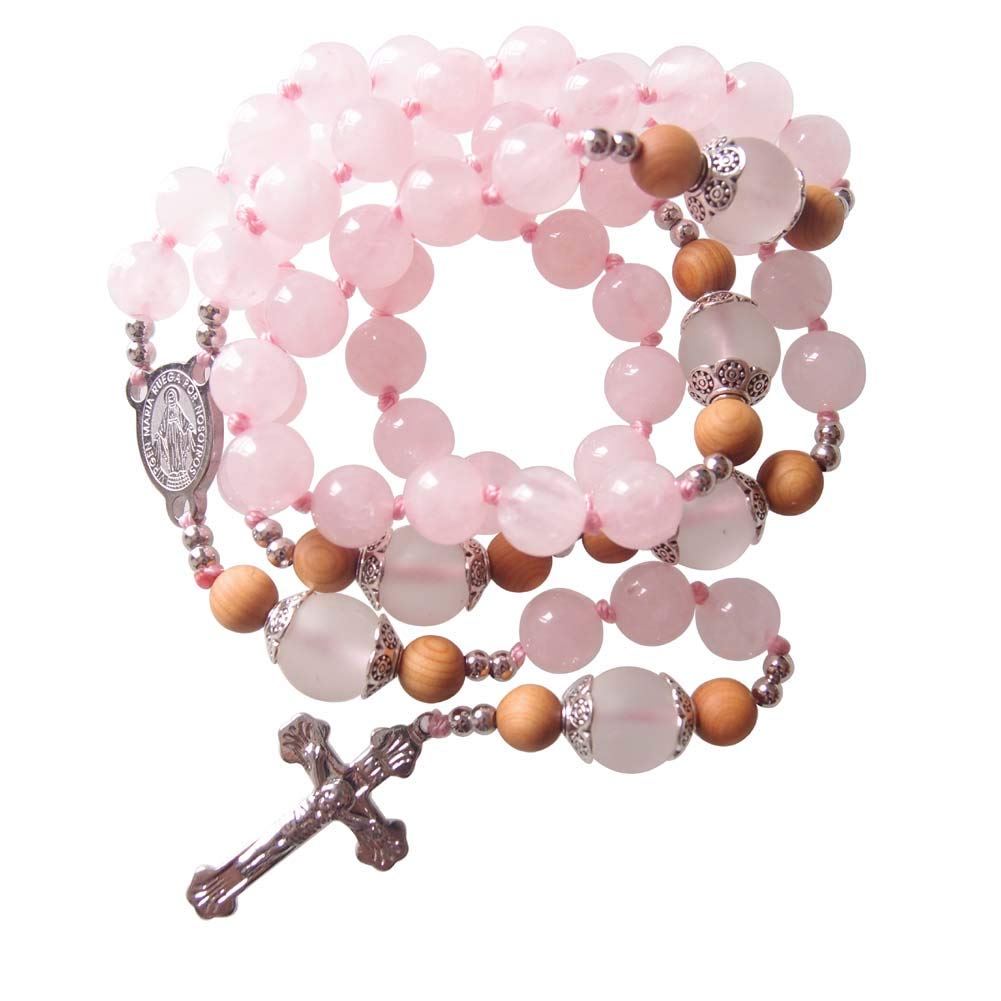 sundysh Rosary Beads Catholic Necklace for Women Girls, Pink Crystal Wood Prayer Rosaries Chain, 5 Decades Steel Crucifix Cross Christian Jewelry Gift