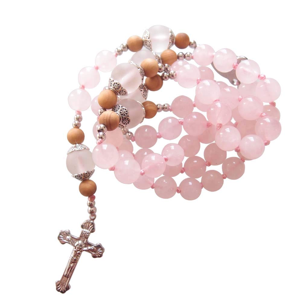 sundysh Rosary Beads Catholic Necklace for Women Girls, Pink Crystal Wood Prayer Rosaries Chain, 5 Decades Steel Crucifix Cross Christian Jewelry Gift