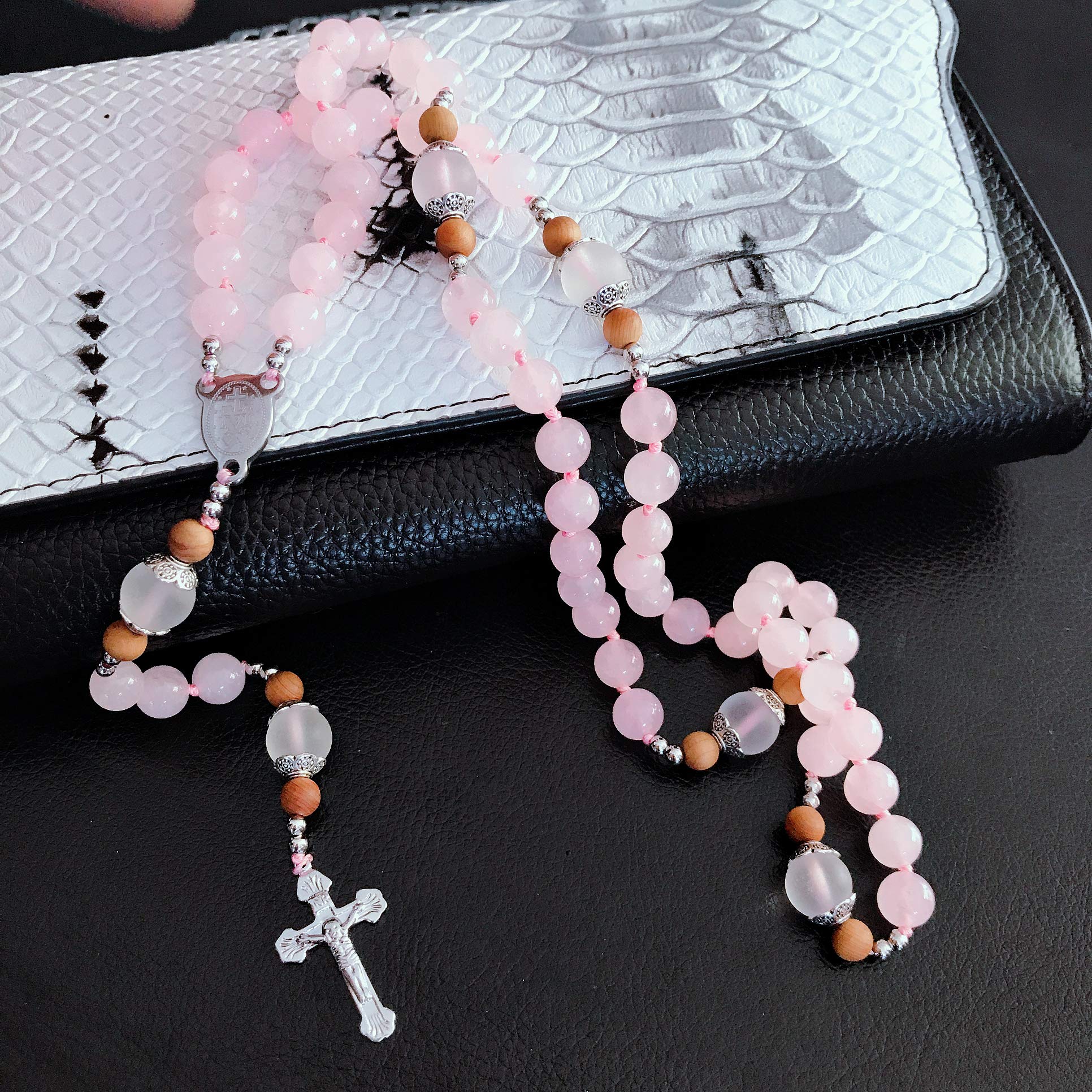 sundysh Rosary Beads Catholic Necklace for Women Girls, Pink Crystal Wood Prayer Rosaries Chain, 5 Decades Steel Crucifix Cross Christian Jewelry Gift