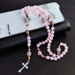 sundysh Rosary Beads Catholic Necklace for Women Girls, Pink Crystal Wood Prayer Rosaries Chain, 5 Decades Steel Crucifix Cross Christian Jewelry Gift