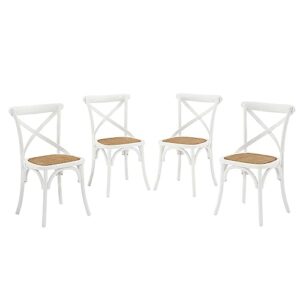 modway gear rustic modern farmhouse elm wood rattan four dining chairs in white