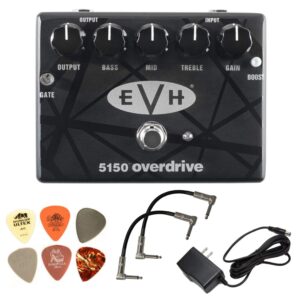 mxr evh5150 overdrive pedal bundle with 2 patch cables, power supply, and 6 dunlop picks