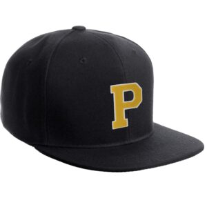 Classic Snapback Hat Custom A to Z Initial Raised Letters, Black Cap White Gold Letter Initial P