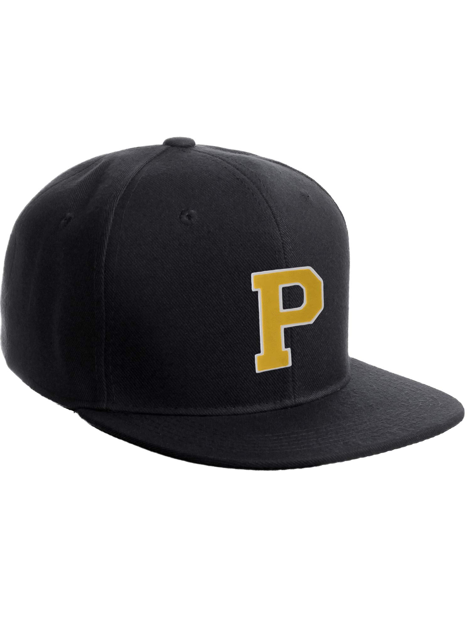 Classic Snapback Hat Custom A to Z Initial Raised Letters, Black Cap White Gold Letter Initial P