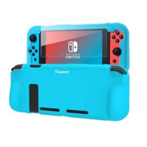 teyomi protective silicone case for nintendo switch, grip cover with tempered glass screen protector, 2 storage slots for game cards, shock-absorption & anti-scratch (blue)