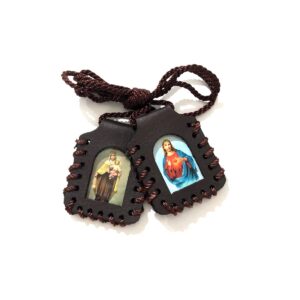 aa sacred heart of jesus christ and heart of jesus and our lady of mount carmel leather scapular (lswcard-brn)