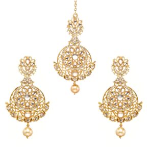 bindhani bollywood fashion kundan stone indian drop earrings with headpeice maang tikka set for women (gold)