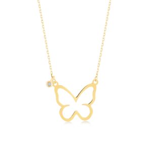 diamond butterfly necklace | 14k yellow gold open butterfly shaped necklace for women | 14k solid gold animal pendant necklace | dainty wing jewelry | gifts for all occasions, 18"