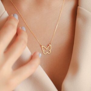 Diamond Butterfly Necklace | 14k Yellow Gold Open Butterfly Shaped Necklace for Women | 14k Solid Gold Animal Pendant Necklace | Dainty Wing Jewelry | Gifts for All Occasions, 18"